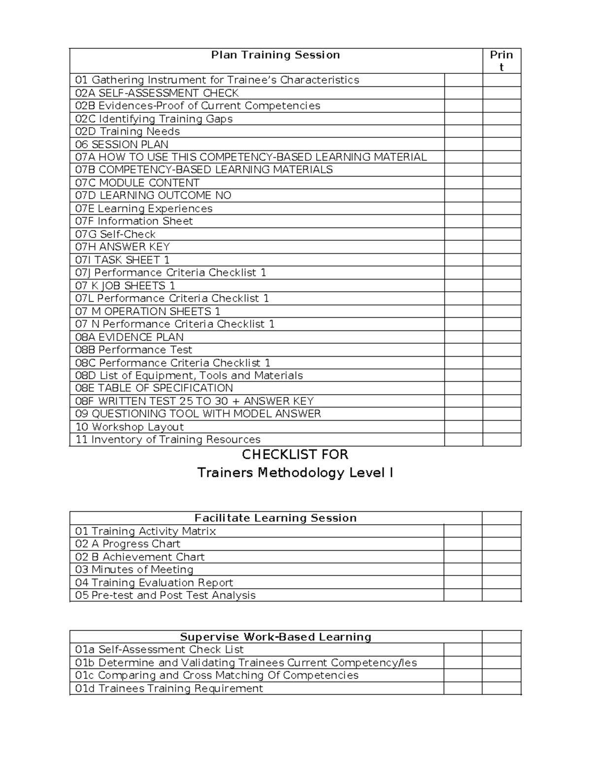 Checklist for TM I Portfolio - Plan Training Session Prin t 01 ...