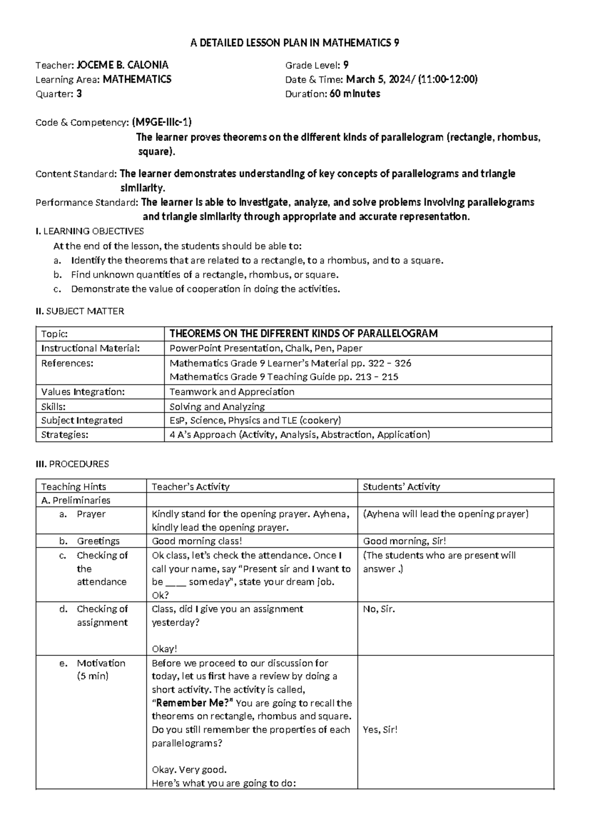 Detailed Lesson Plan for Math 9: Theorems on Parallelograms (CO 3rd Qtr ...