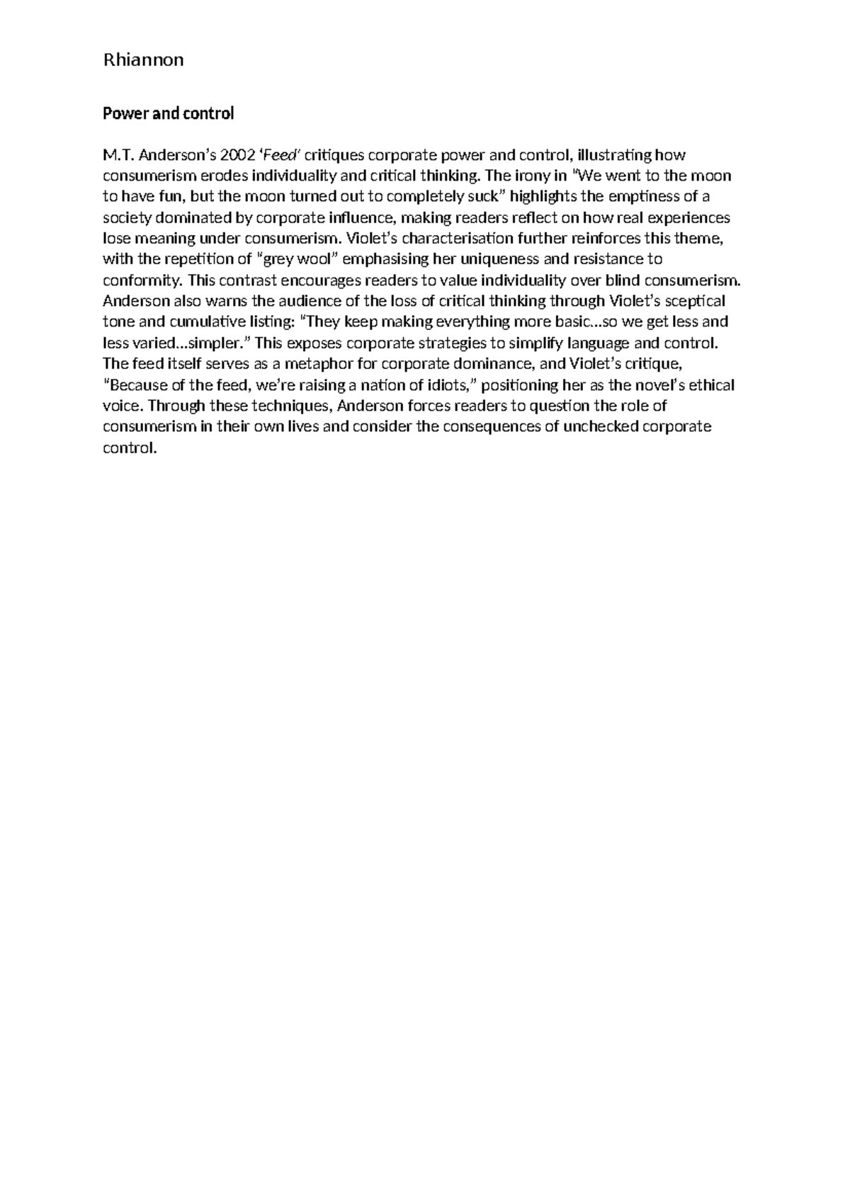 power and control - 'feed' - Rhiannon Power and control M. Anderson’s ...