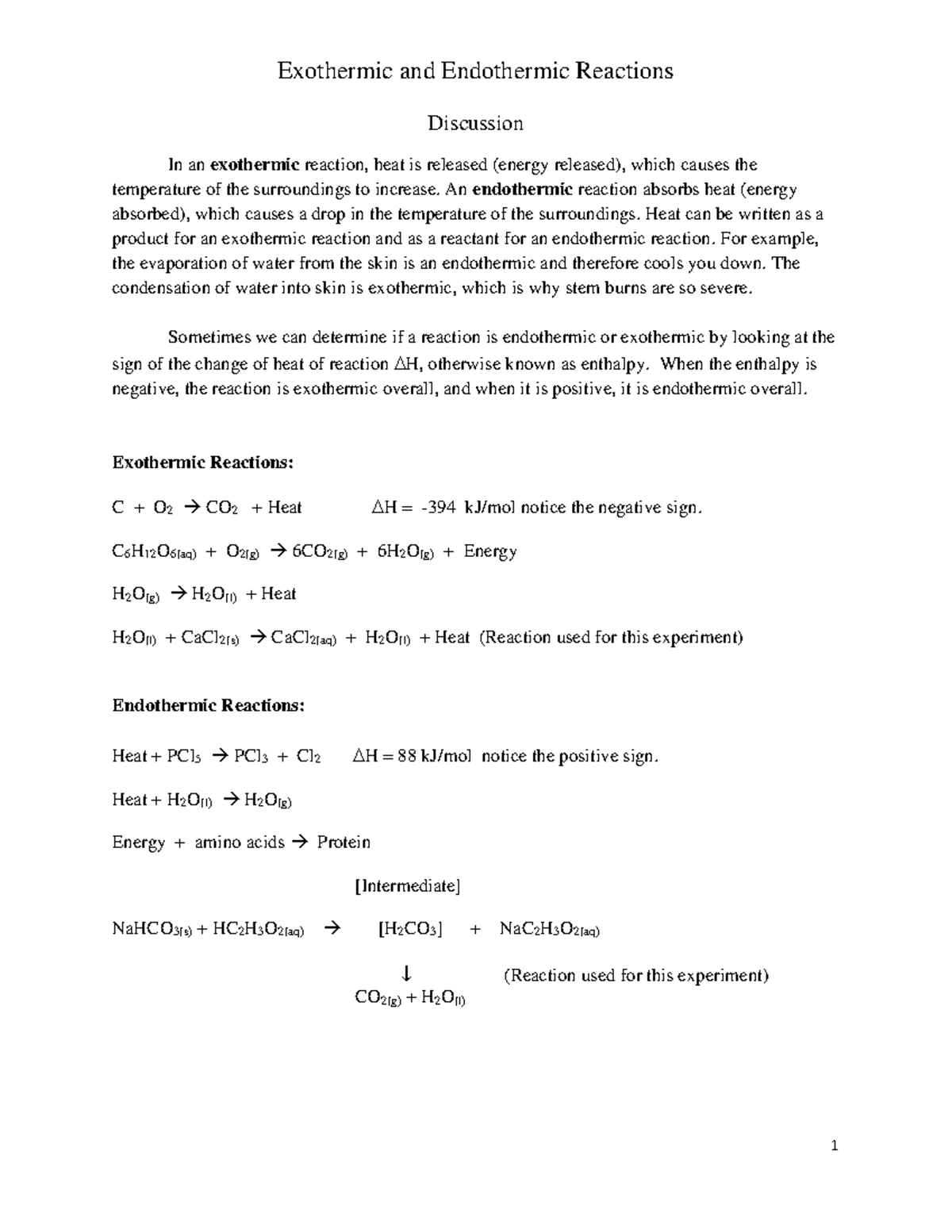 Week 3 - Endo Exo Lab - outline for chem assignment - 1 Exothermic and ...