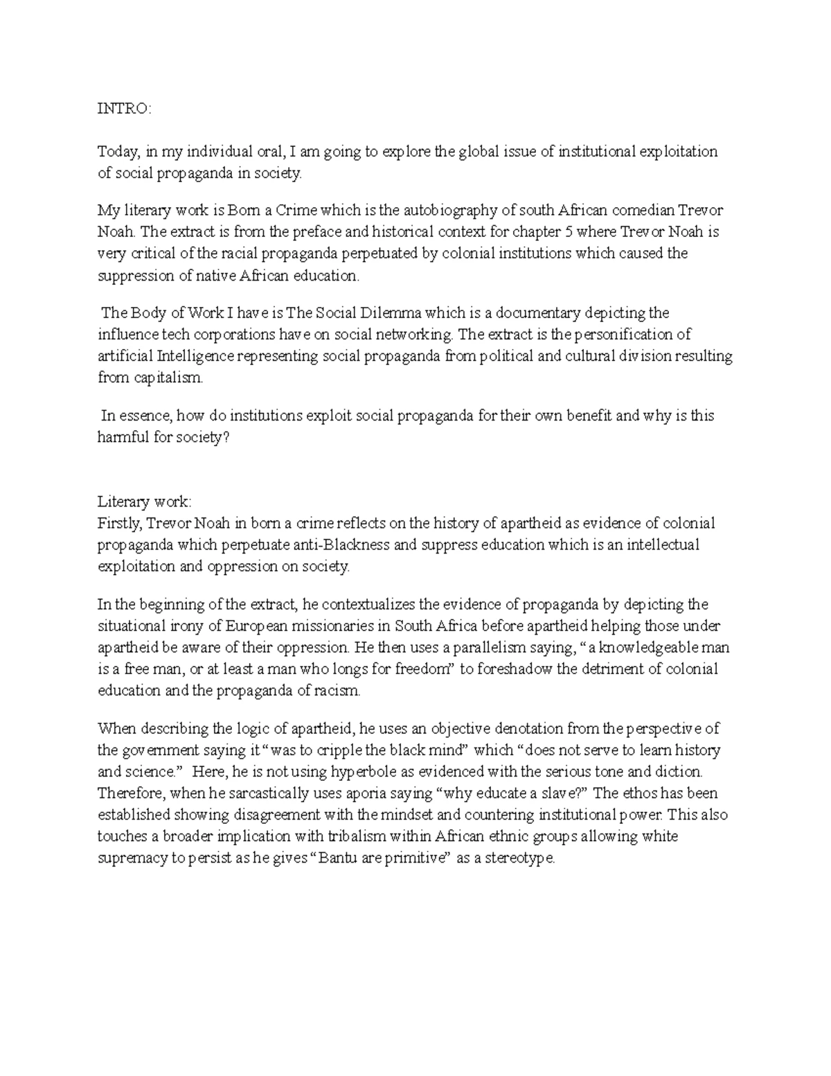 Born a Crime (Course Code) - Chapter-by-Chapter Summary Notes - Studocu