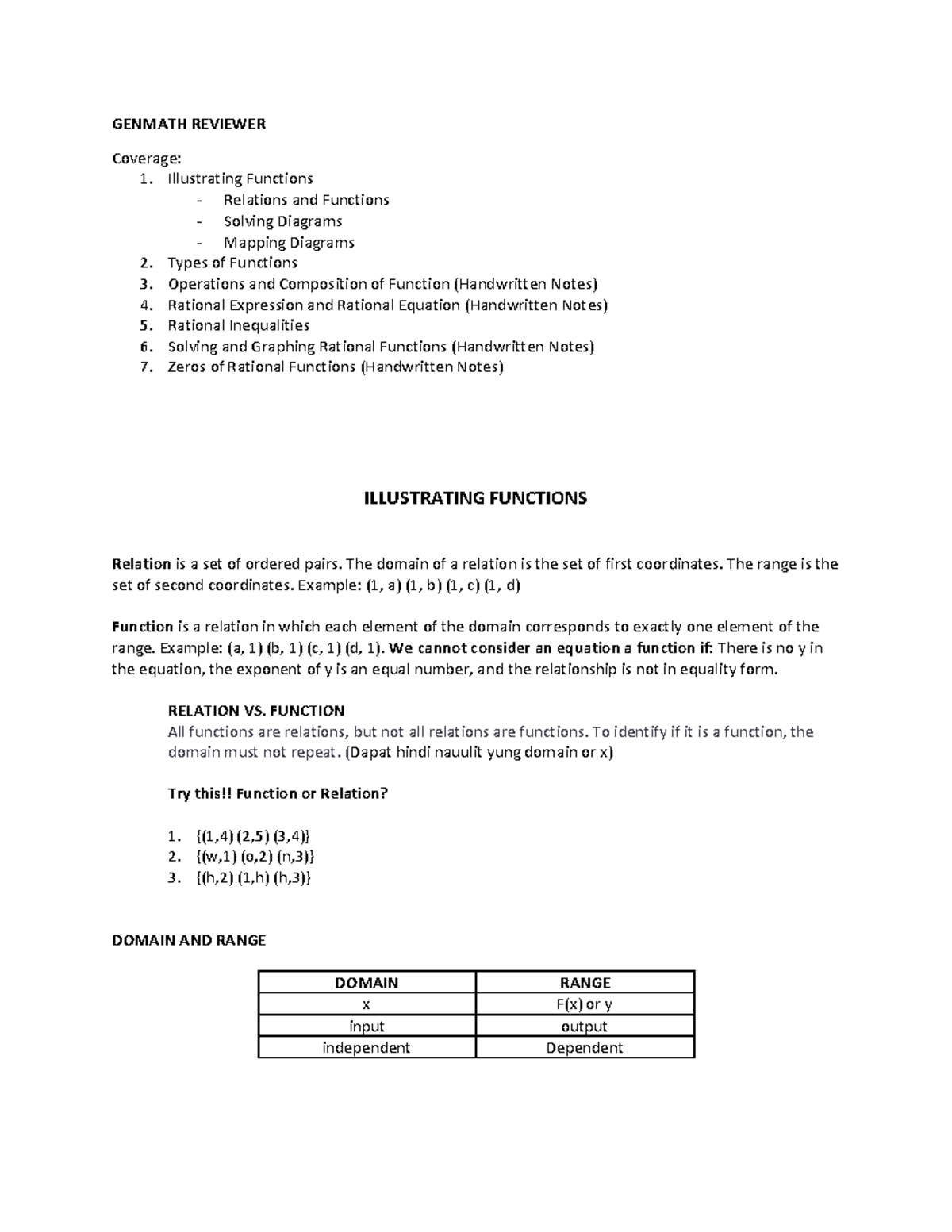 GENMATH (1Q) REVIEWER: Functions, Relations, and Rational Expressions ...