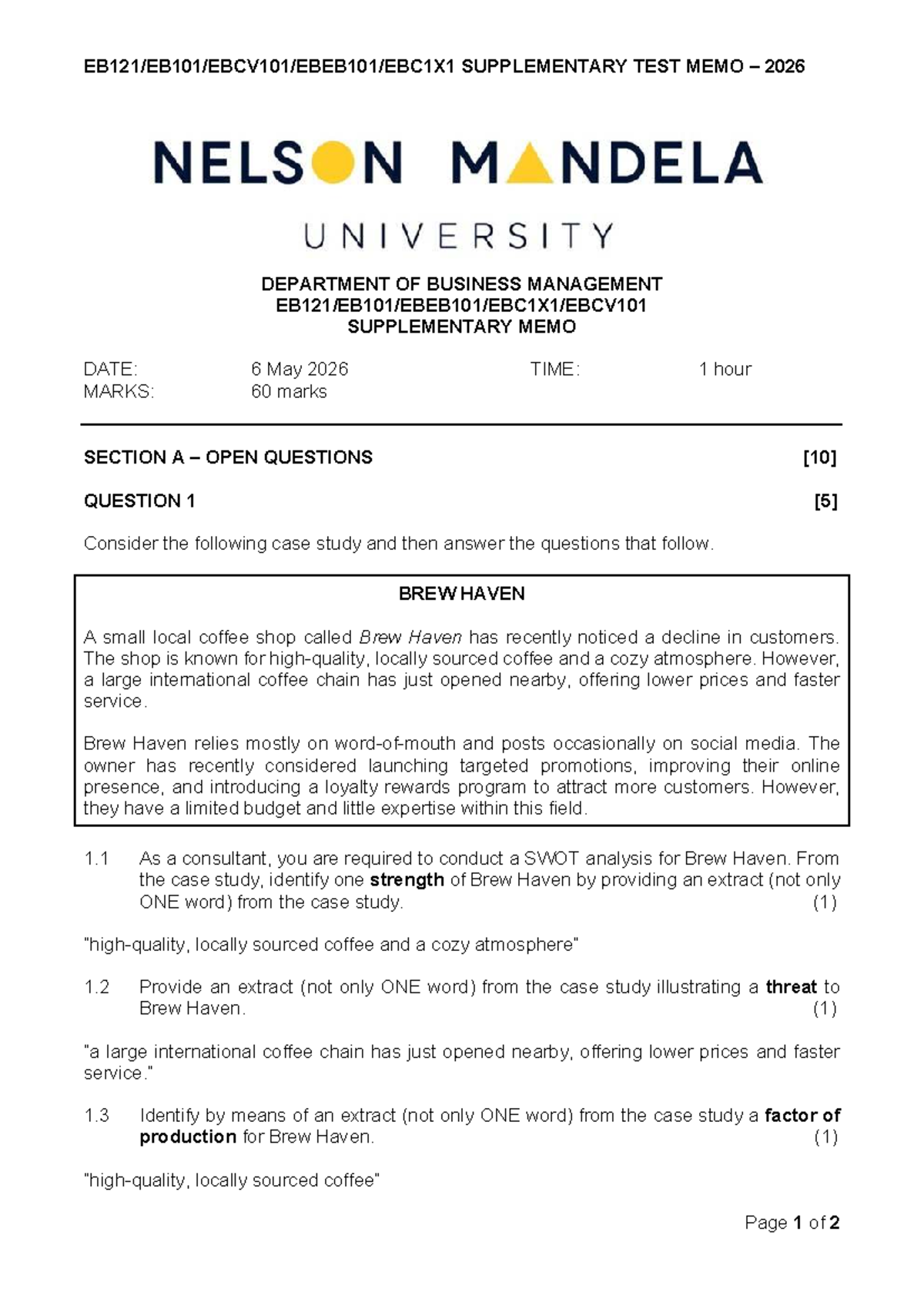 EB121 Supplementary Test Memo: Case Study on Brew Haven - Studocu