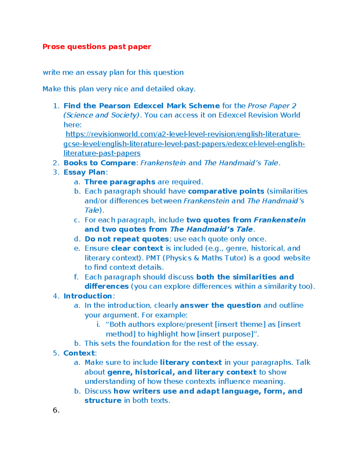 Prose Paper 2 Essay Plan: Comparing Frankenstein & The Tale (Edexcel ...