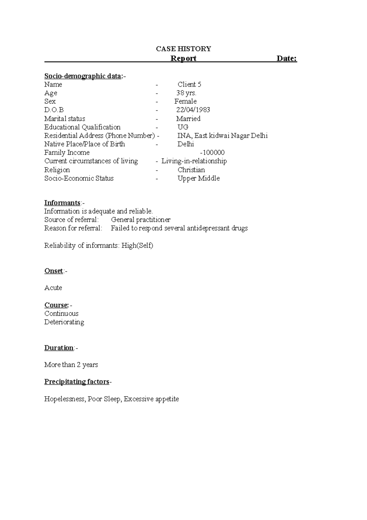CASE History Format - CASE - CASE HISTORY Report Date: Socio ...