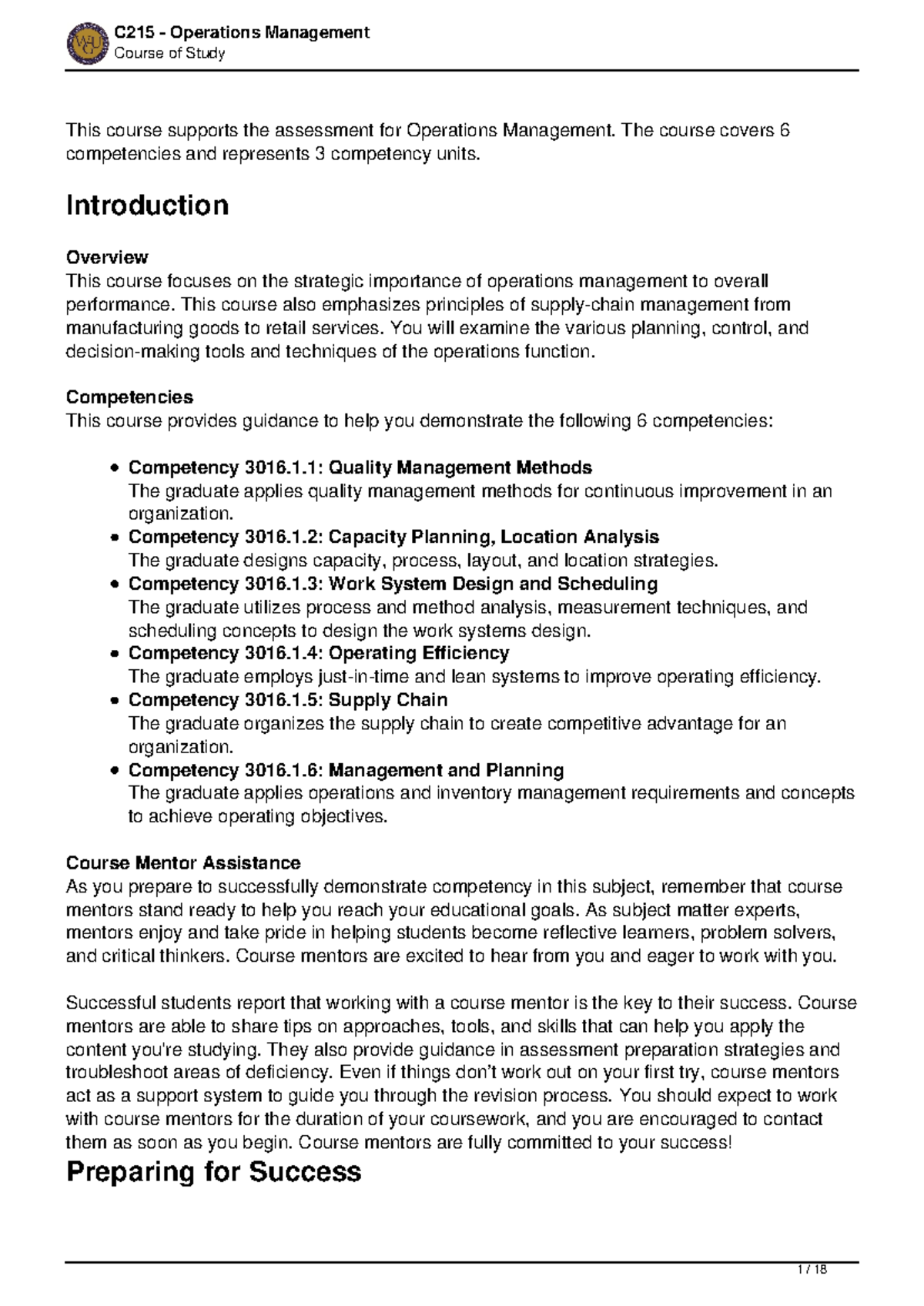 Operations Management Course Study Guide - Competencies Overview - Studocu