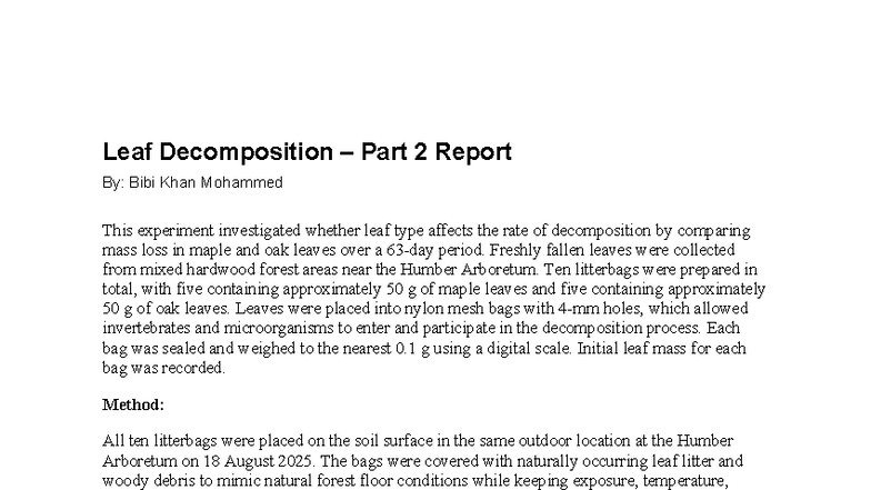 Leaf Decomposition Experiment Report: Maple vs. Oak (Part 2) - Studocu