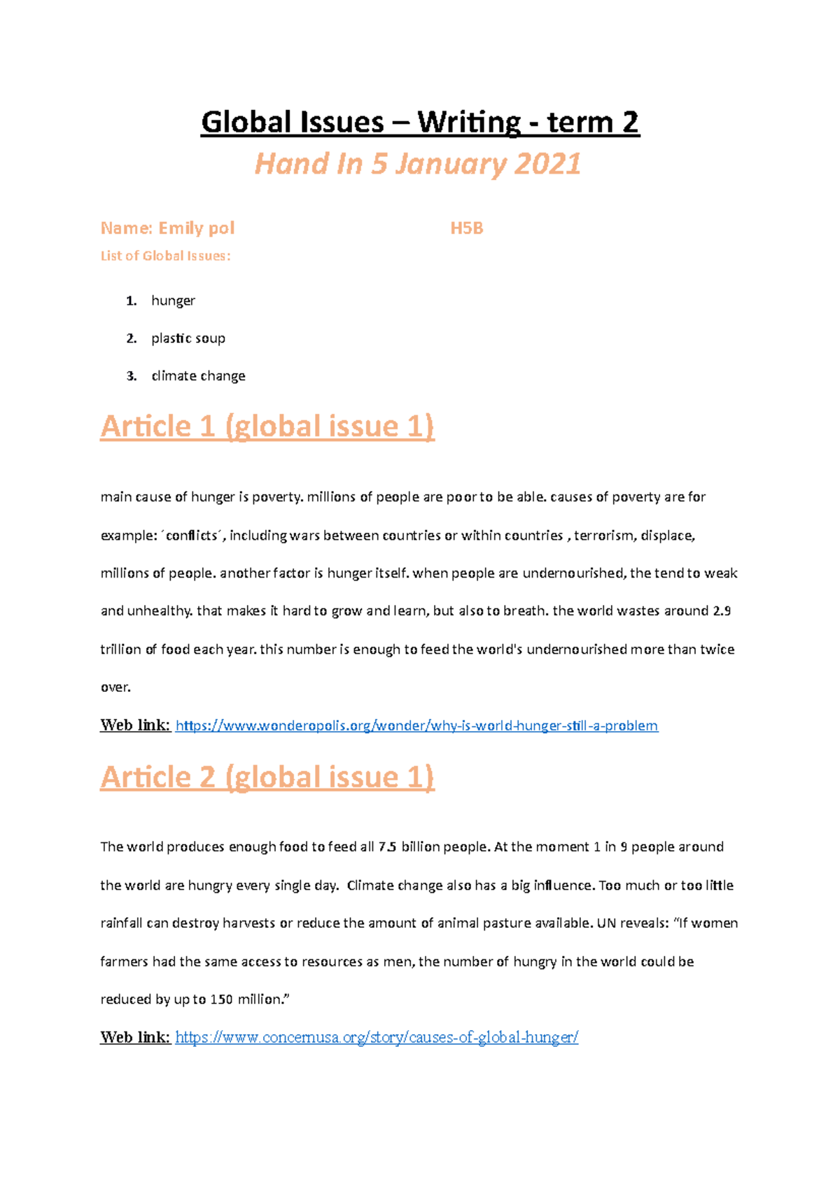 Global Issues Essay (H5B) - Hunger, Plastic Pollution & Climate Change ...