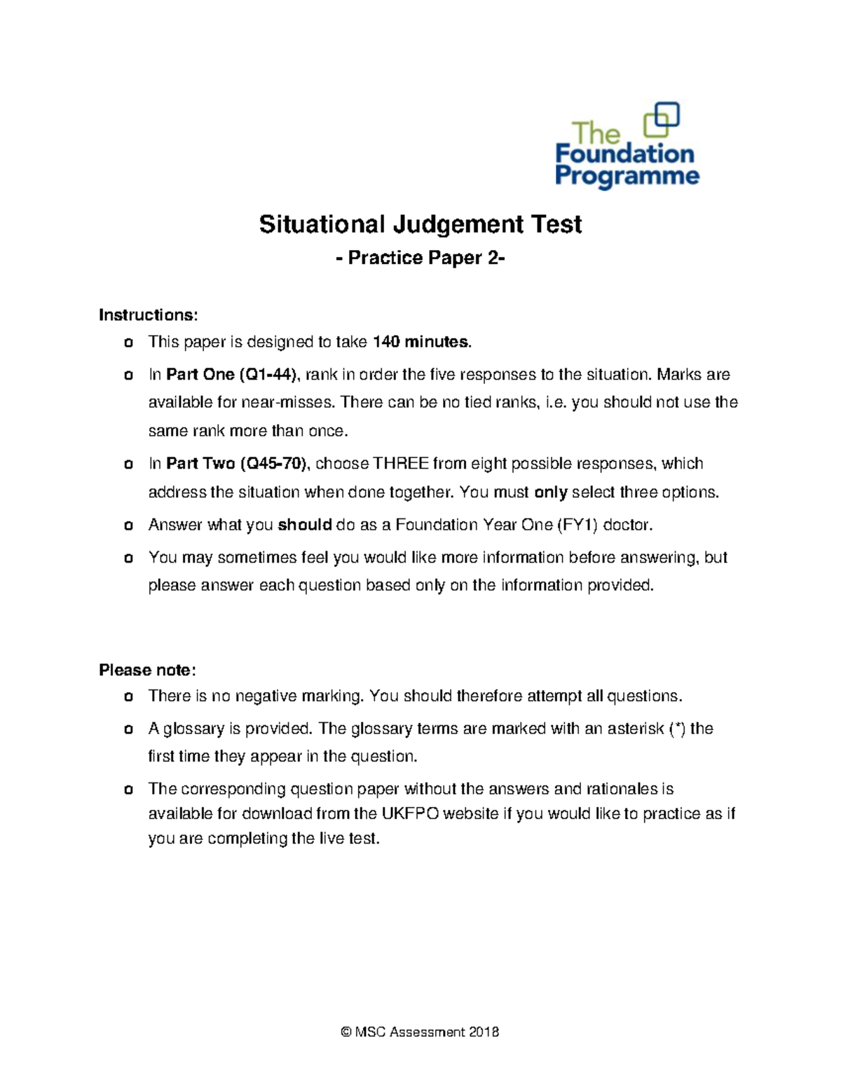 SJT Practice Paper 2: Answers and Rationales for FY1 Candidates - Studocu