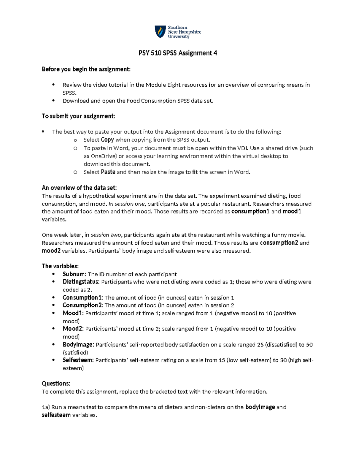 PSY 510 Mod 8 SPSS Assignment 4: Analyzing Food Consumption Data - Studocu
