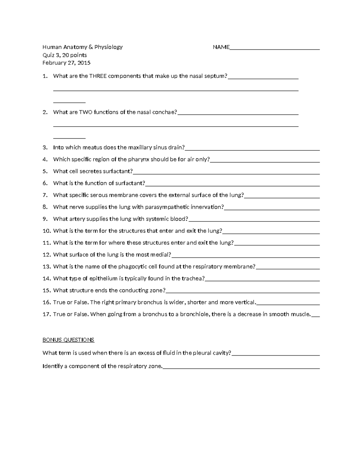 Human Anatomy & Physiology Quiz 3 - Respiratory Focus - Studocu