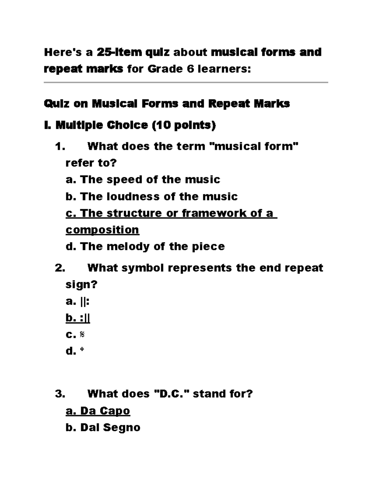 Music Quiz: Grade 6 on Musical Forms & Repeat Marks - Studocu