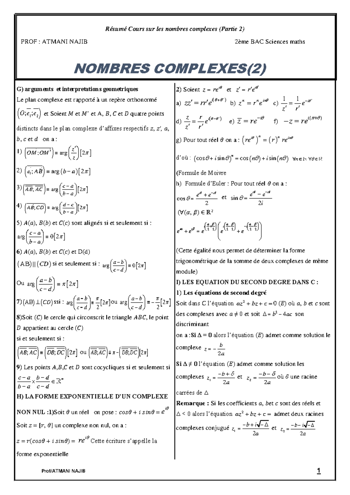 Résumé Cours Nombres Complexes (Partie 2) - 2ème BAC Maths - Studocu