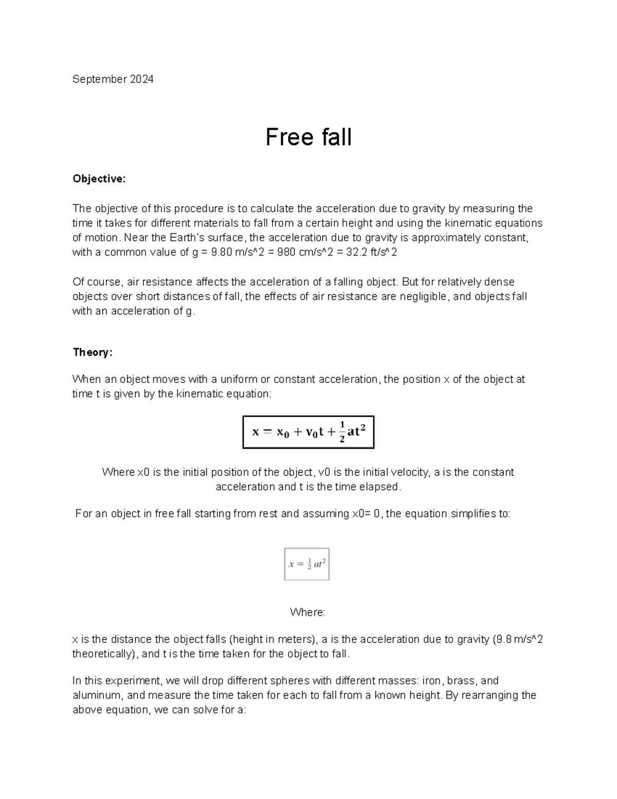 Free Fall Lab Report - September 2024 Free fall Objective: The ...