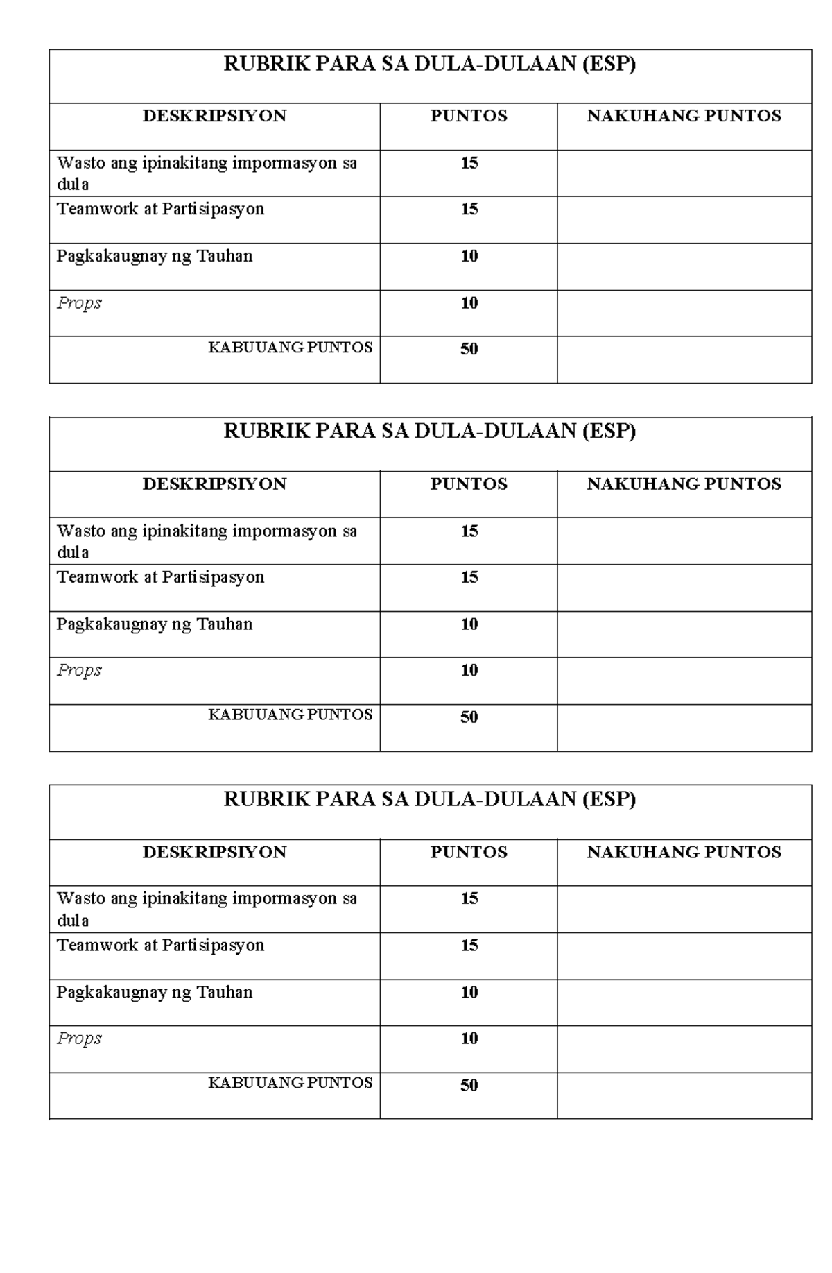 Rubrik PARA SA DULA - use in performance task - RUBRIK PARA SA DULA-DULAAN (ESP) DESKRIPSIYON ...