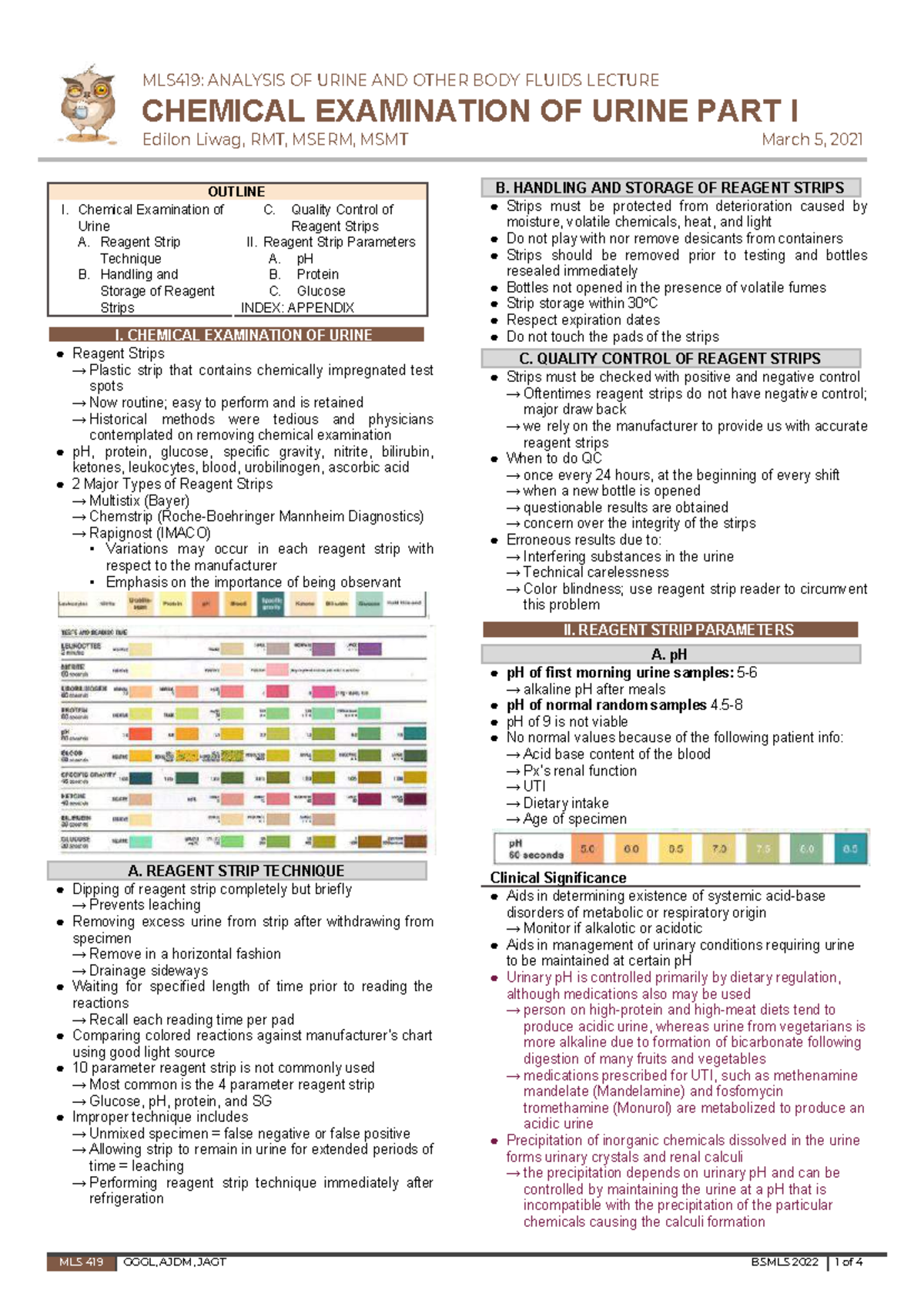 AUBFLec Midterms 1-4 - Reagent Strips → Plastic strip that contains ...