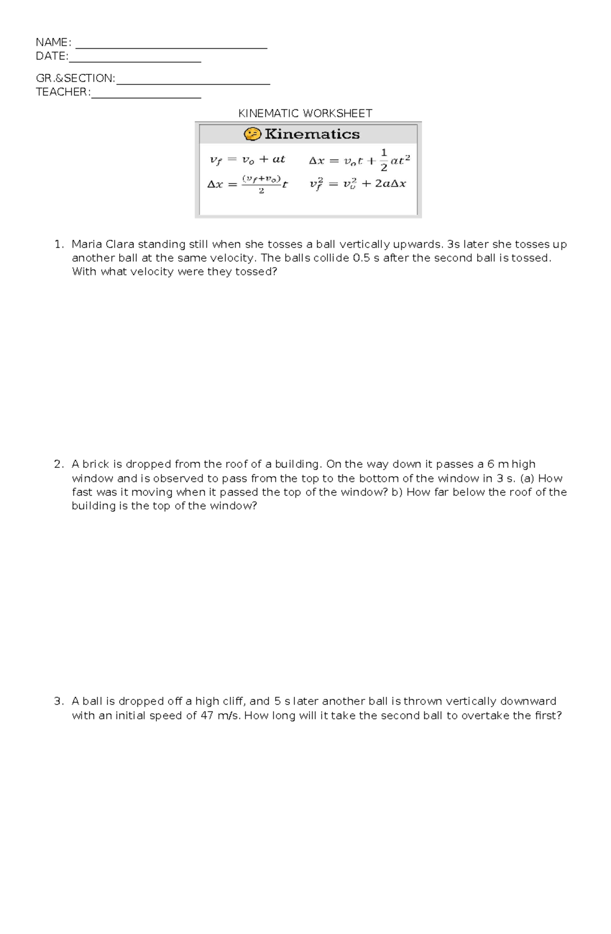 Kinematics Worksheet 1: Free Fall & Collision Problems - Studocu