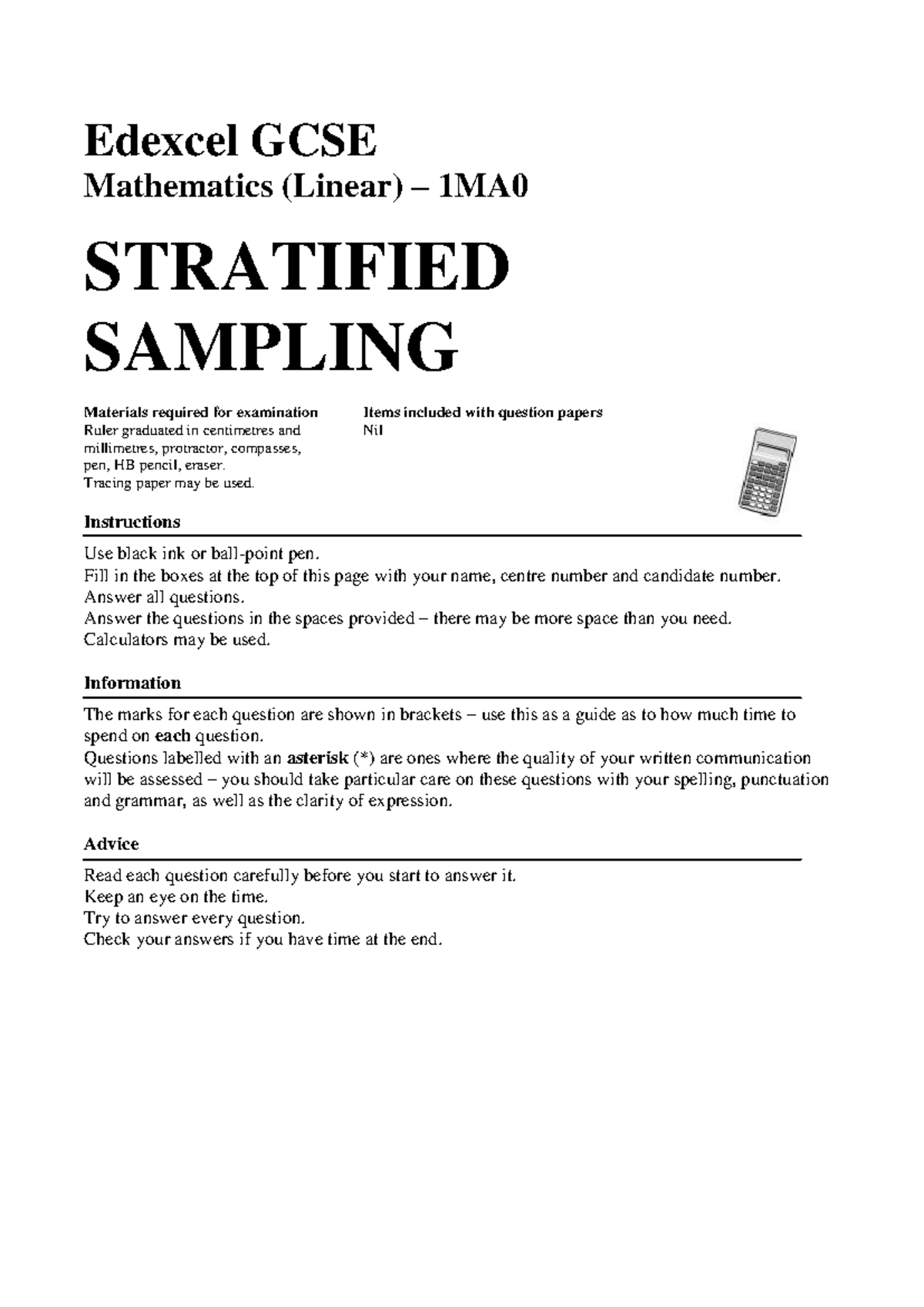 Edexcel GCSE Maths 1MA0 Stratified Sampling Exam Materials - Studocu