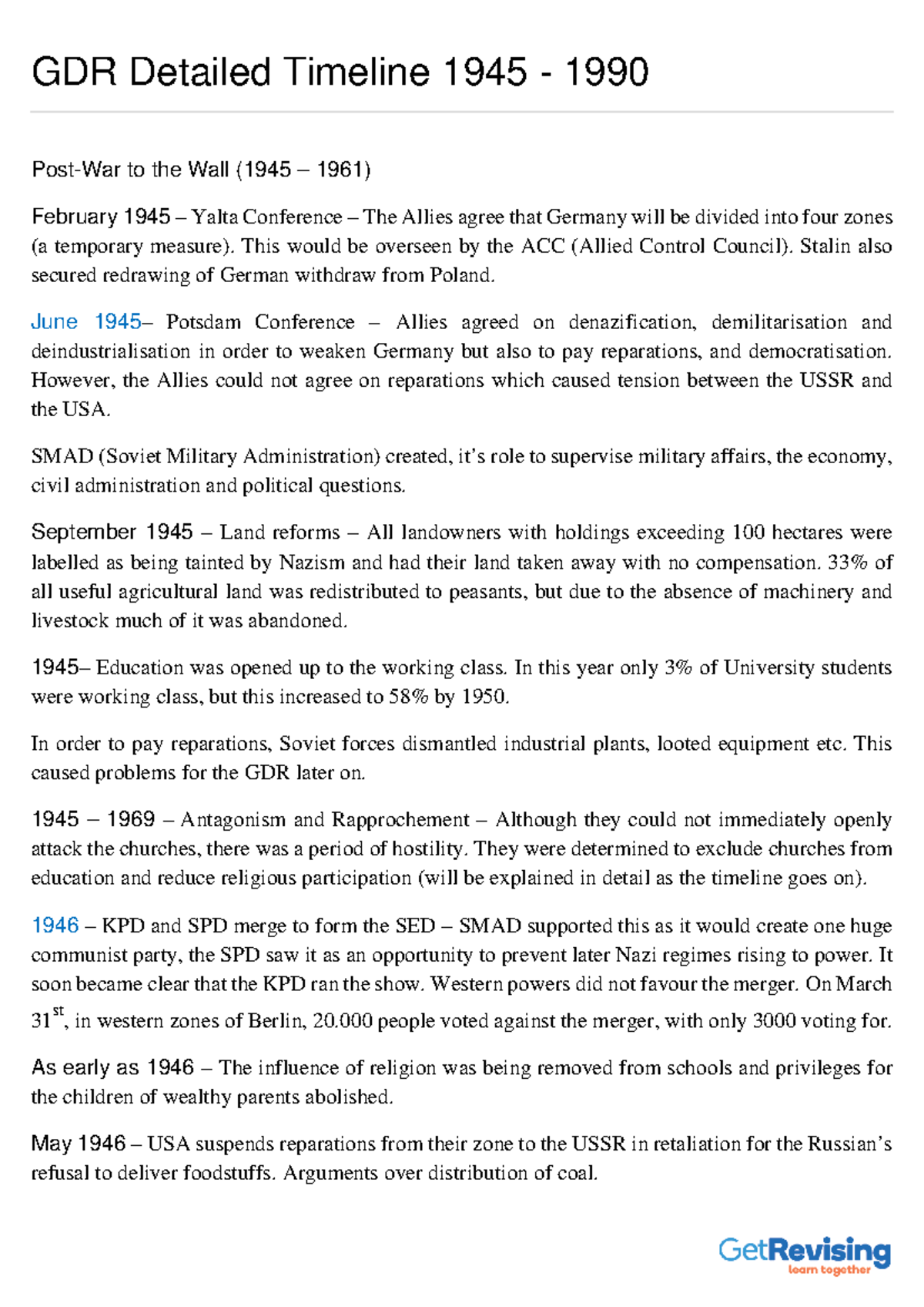 GDR Timeline: Key Events from 1945 to 1990 - A Historical Overview - Studocu