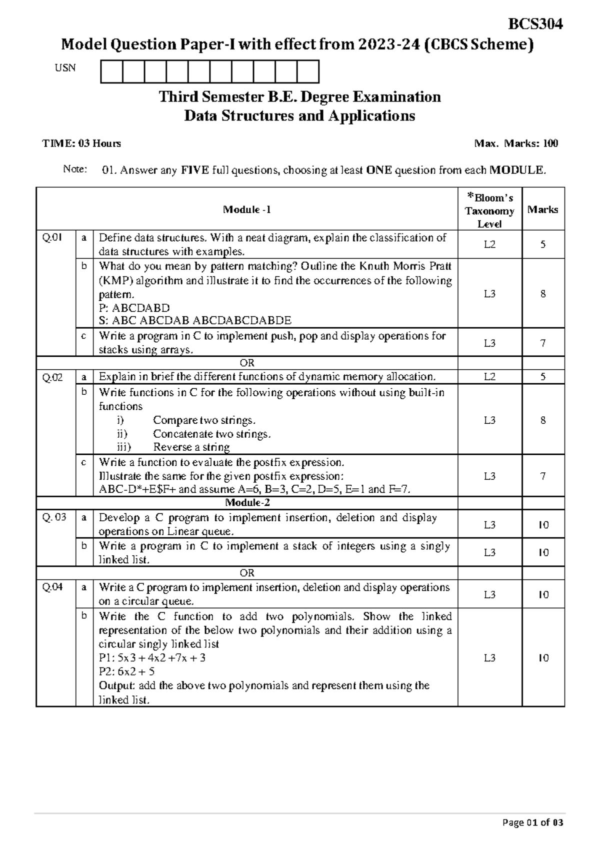 Ds - MQ-Paper v J - Ds - model paper - BCS Page 01 of 03 Model Question Paper-I with effect from ...