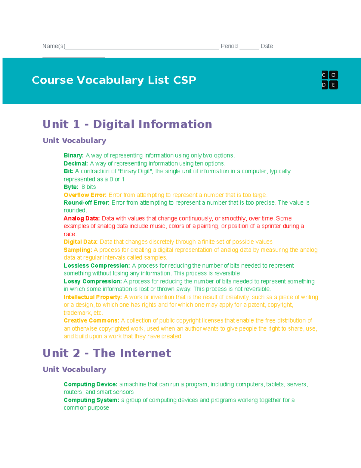 CSP Course Vocabulary Guide: Units 1-10 Key Terms Overview - Studocu