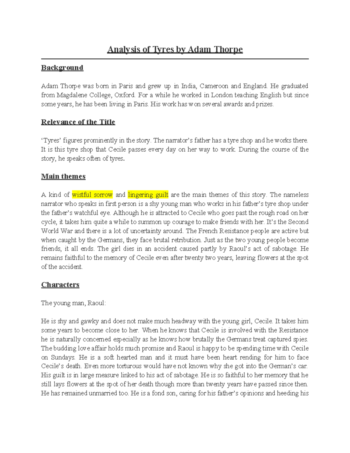 Analysis of Tyres: Themes of Love and Guilt in Adam Thorpe's Story - Studocu