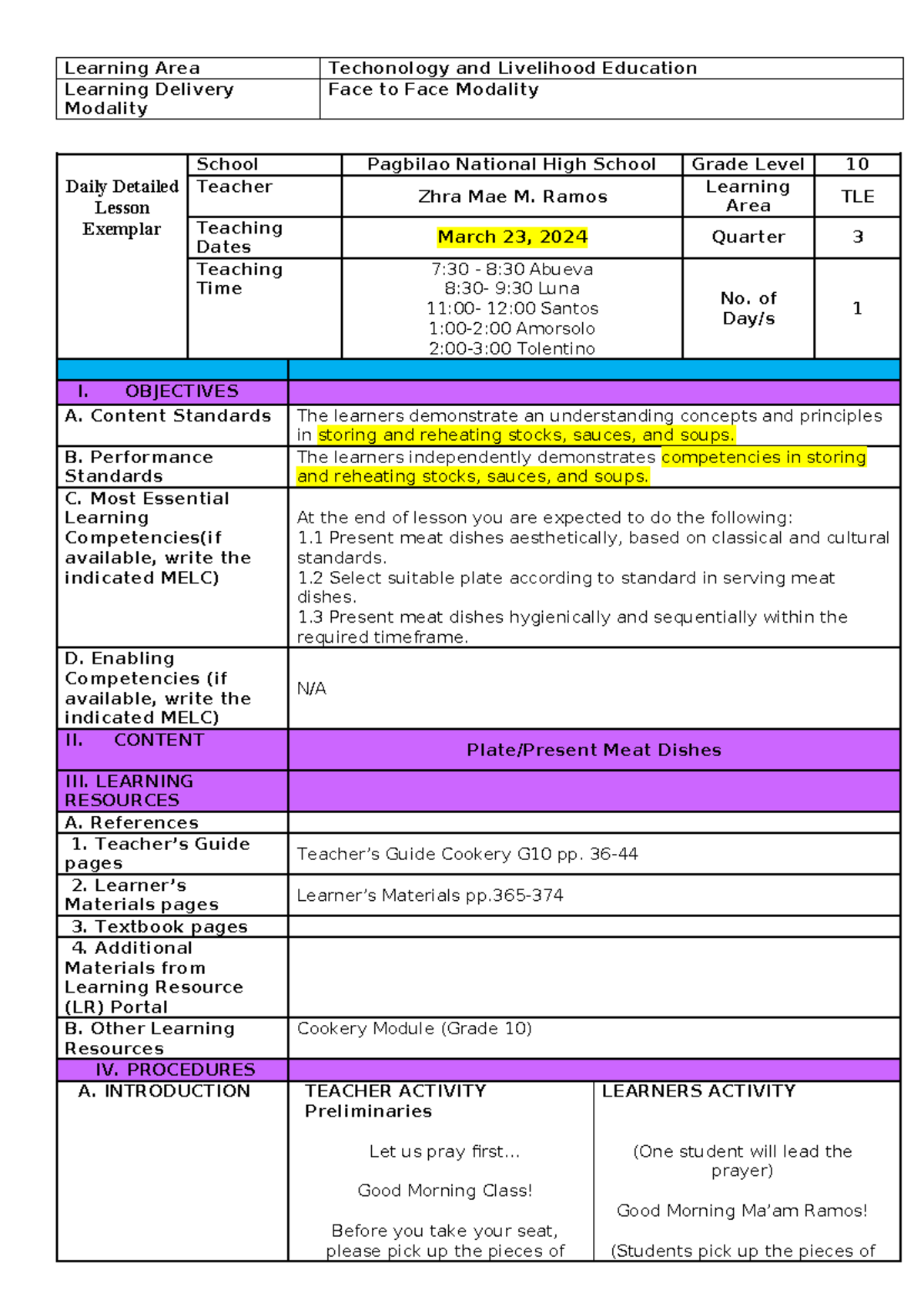 DLP- Lesson Plan on Presenting Meat Dishes for Grade 10 TLE - Studocu