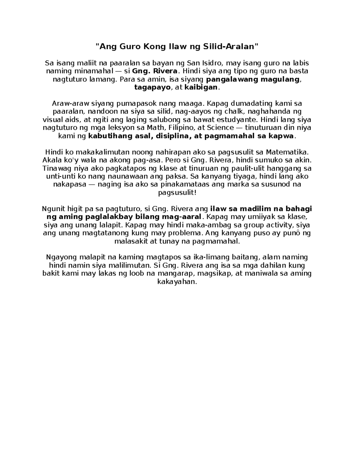 Ang Guro Kong Ilaw: Isang Pagsasalaysay ng Aking Karanasan - Studocu