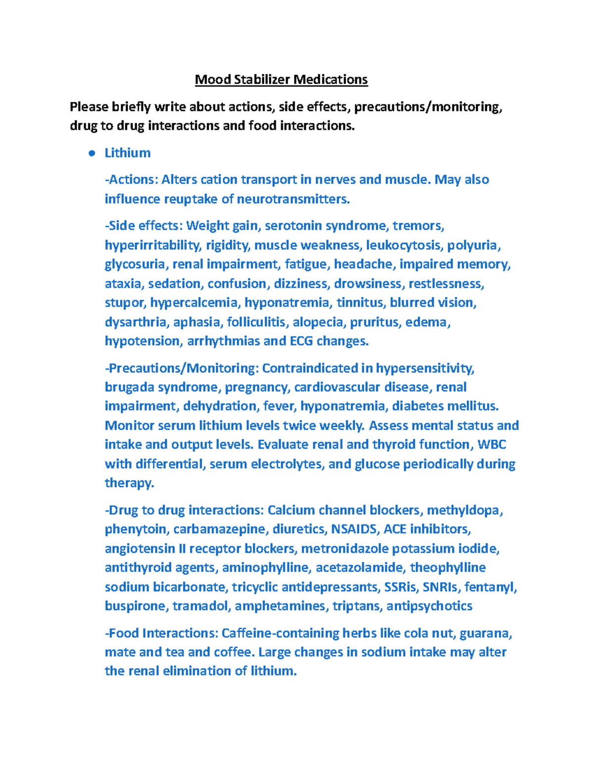 Mood Stabilizer Meds Worksheet: Actions, Side Effects & Interactions ...