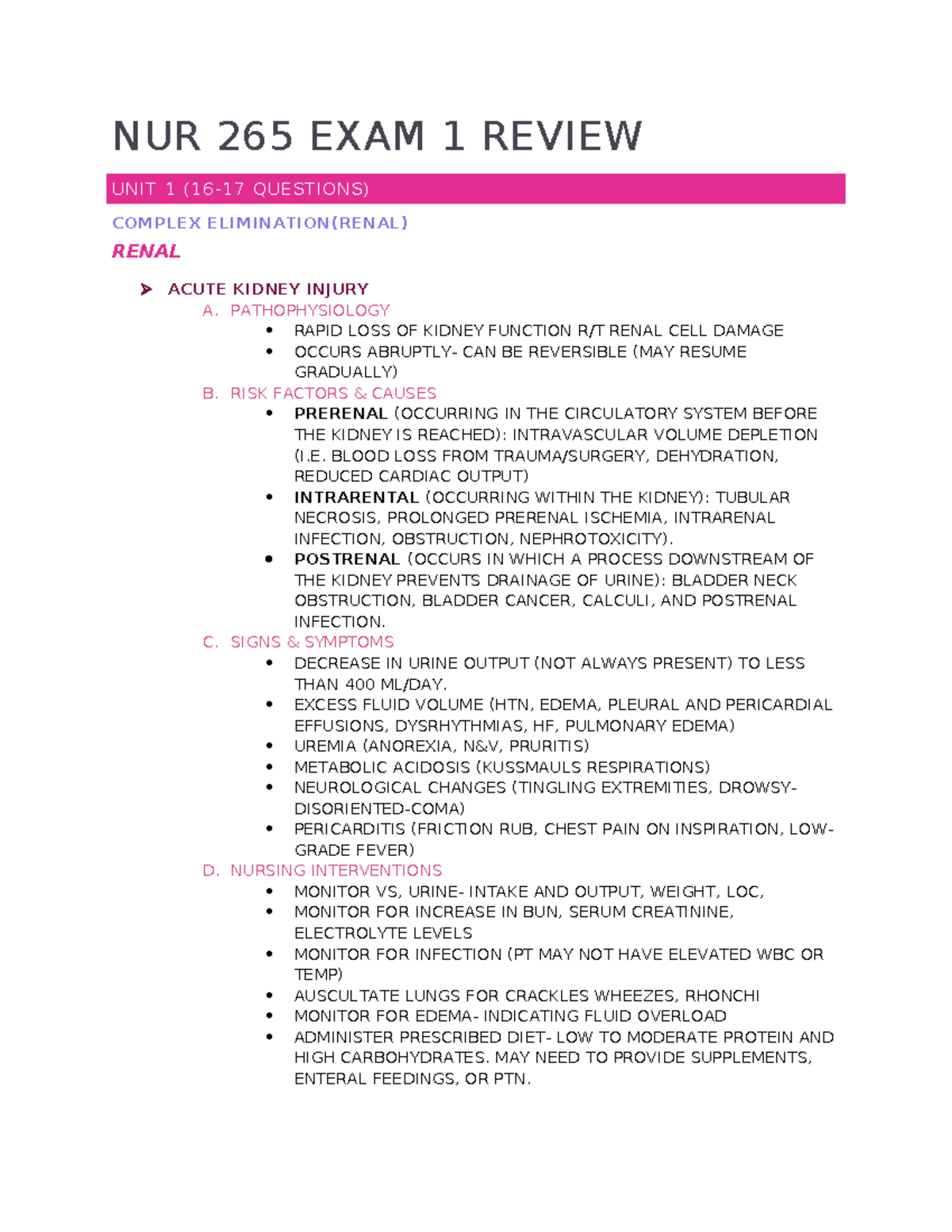 NUR 265 EXAM 1 Review - Key Concepts on Renal Function and Disorders ...
