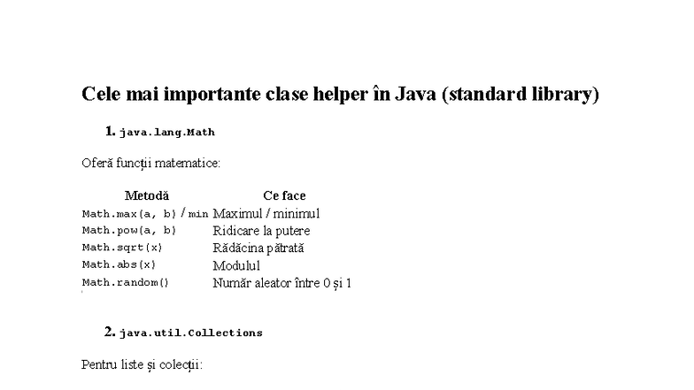 Clase Helper Esențiale în Java (Standard Library) - Studocu
