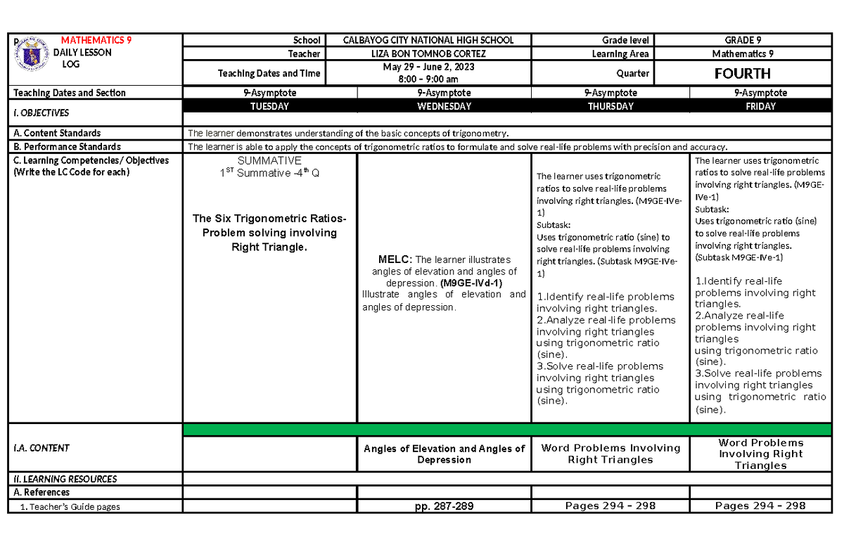Math 9 Daily Lesson Log: Angles of Elevation & Depression (May 20 ...