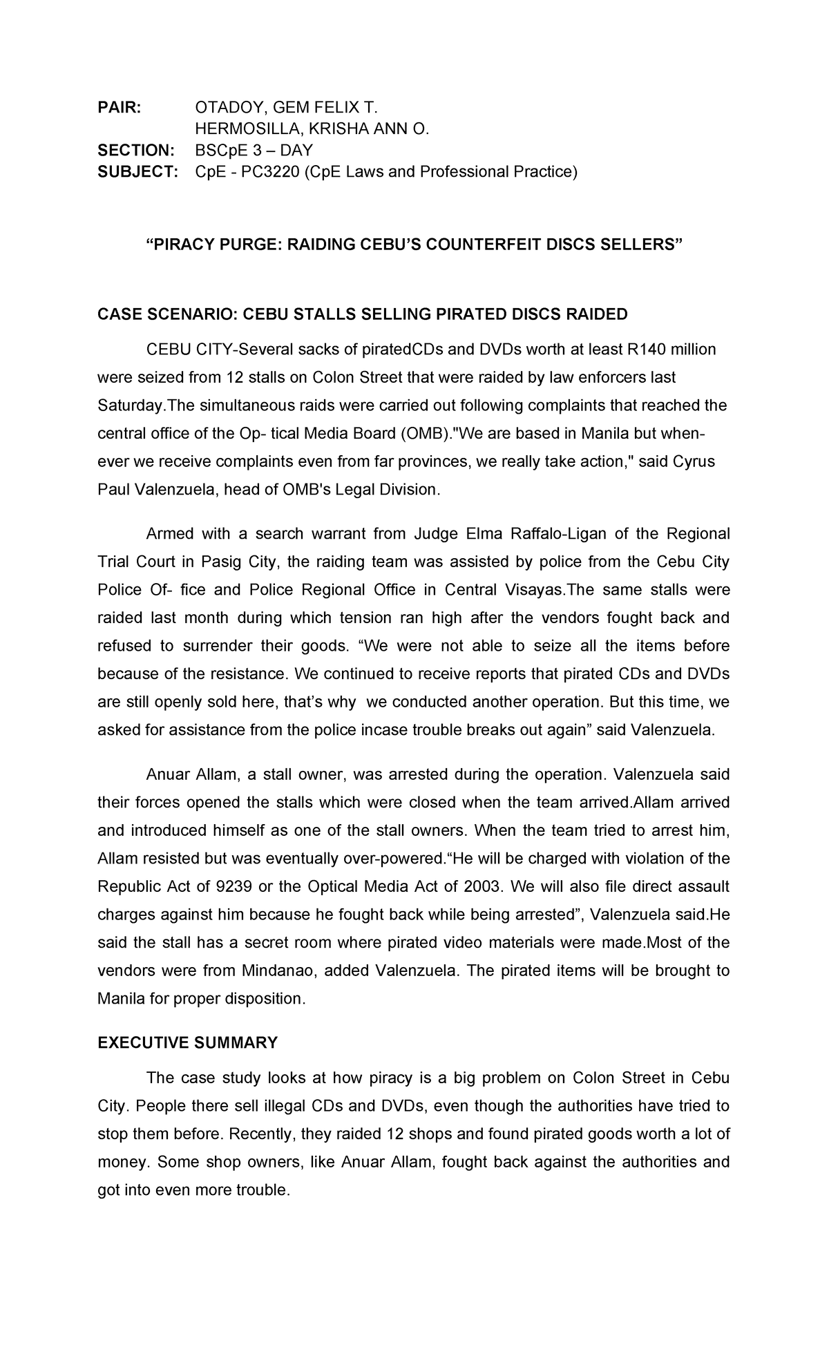 Piracy on Colon Street: RA 9239 Optical Media Act Case Study - Studocu