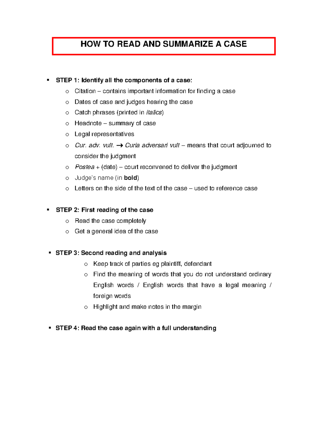 How to Effectively Read & Summarize a Legal Case Study Guide - Studocu