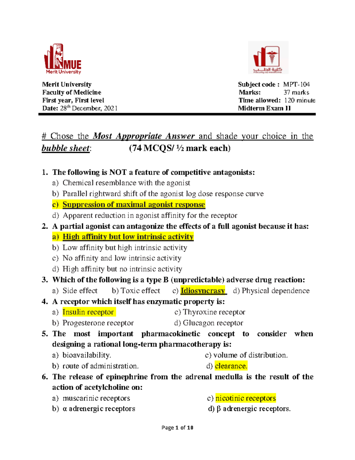 Midterm Exam II Model Answers for MPT-104 Pharmacology - Studocu