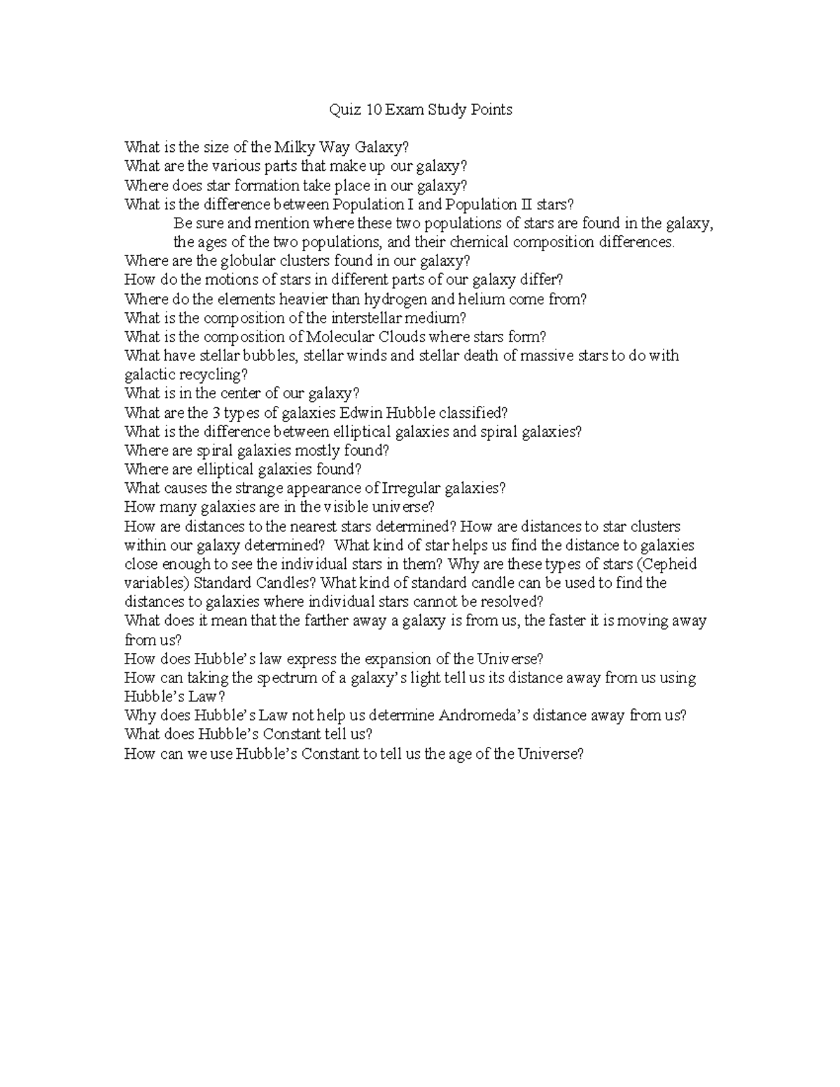 Quiz 10 Study Points for Astronomy: Milky Way & Galaxy Types - Studocu