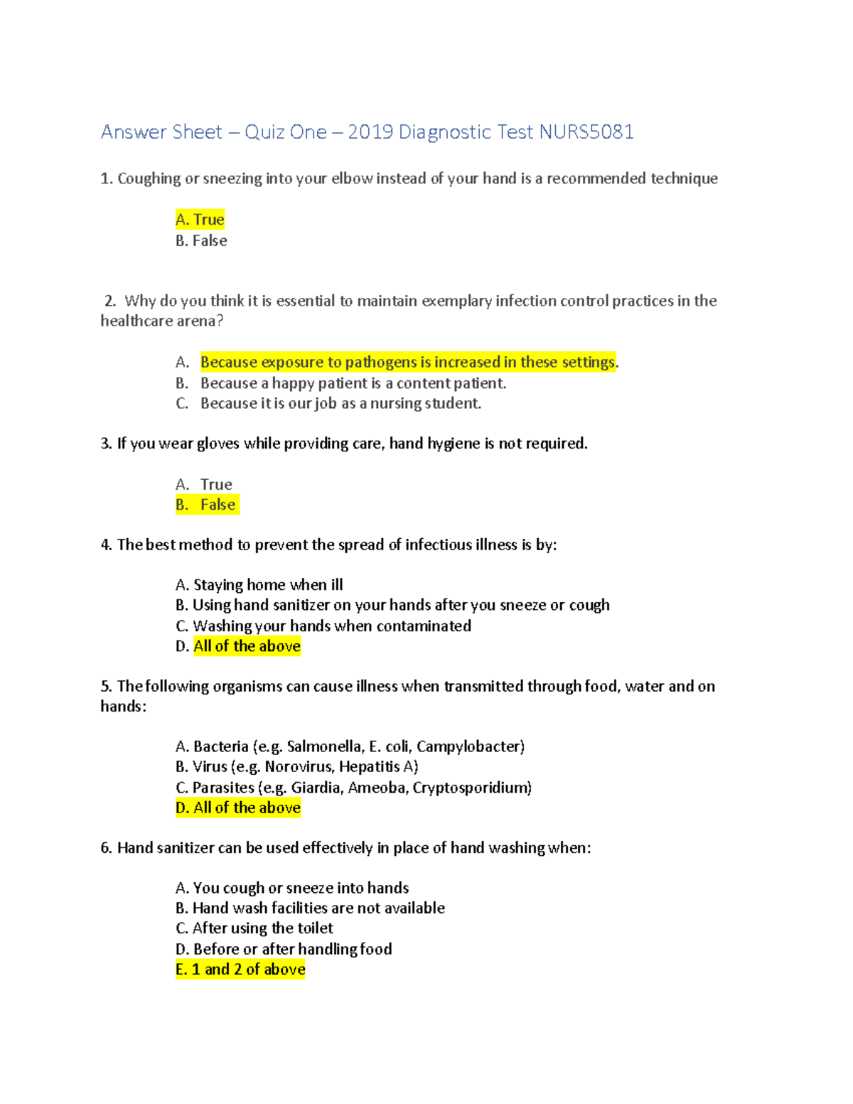 Student Answer Quiz 1 Infection Control-1 - Answer Sheet – Quiz One ...