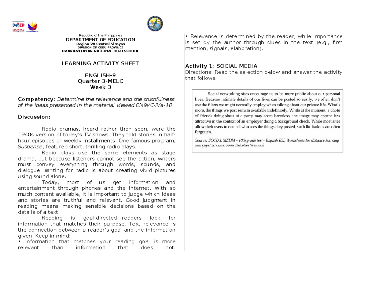 English 9 LAS: Week 3 Learning Activity Sheet on Relevance and ...