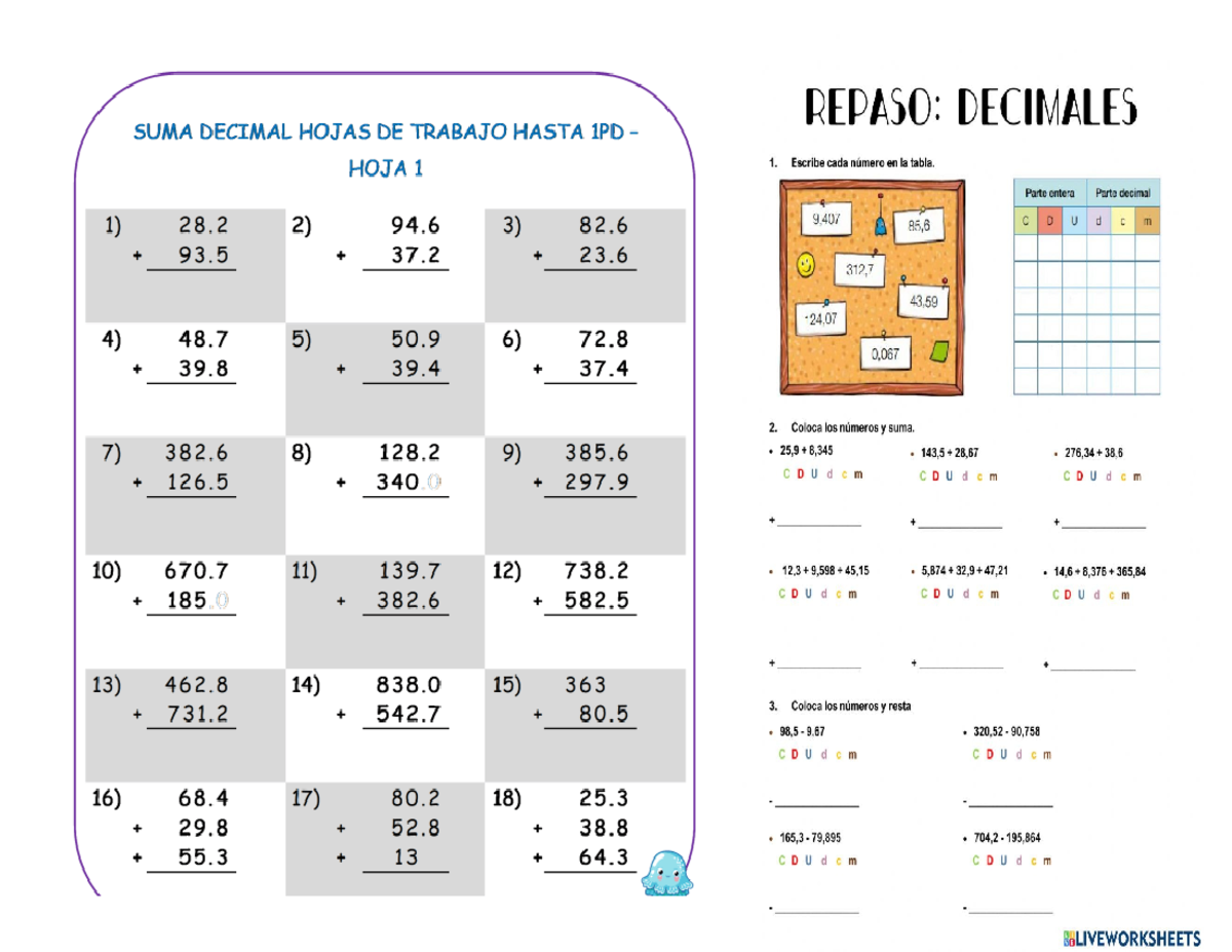 Ejercicio suma decimales - REPASO: DECIMALES SUMA DECIMAL HOJAS DE ...