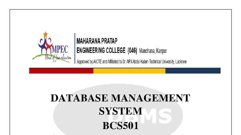 DBMS BCS501 B. TECH V SEM Unit 1: Overview & Key Concepts - Studocu
