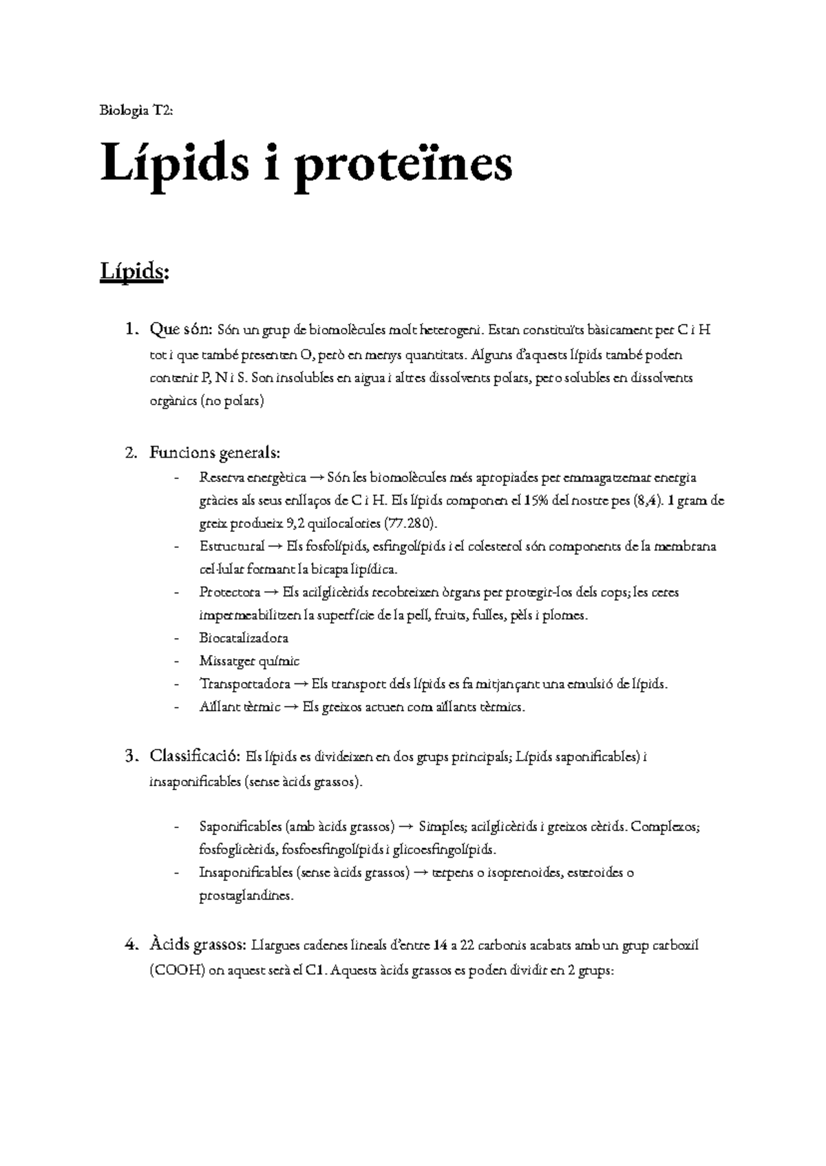 Biologia T2: Resum sobre Lípids i Proteïnes - Studocu