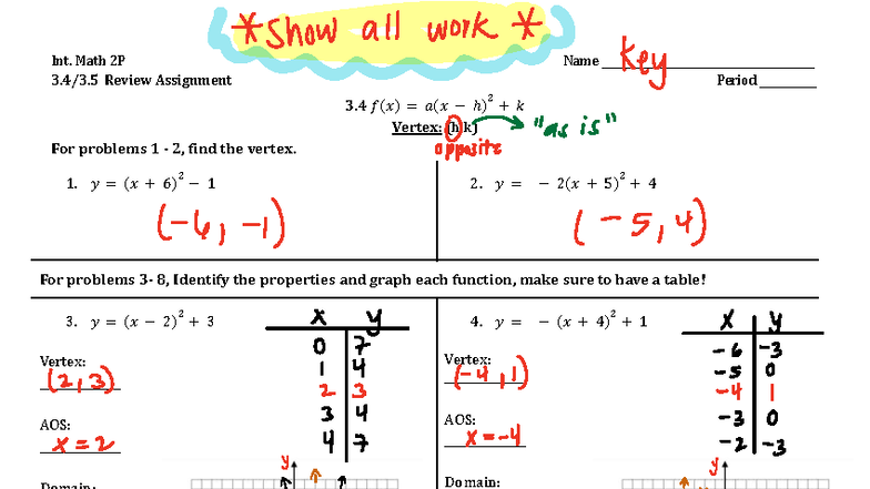 Int. Math 2P 3.4-3.5 Review Assignment Key and Solutions - Studocu