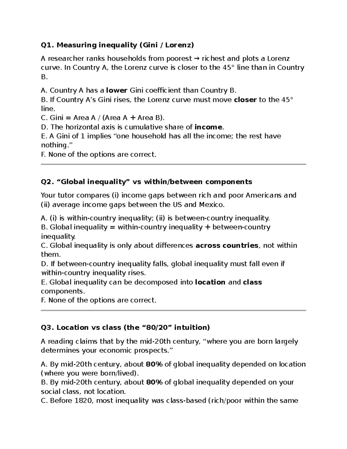 GEX 1010 Week 10 - Practice Questions on Inequality and Economics - Studocu
