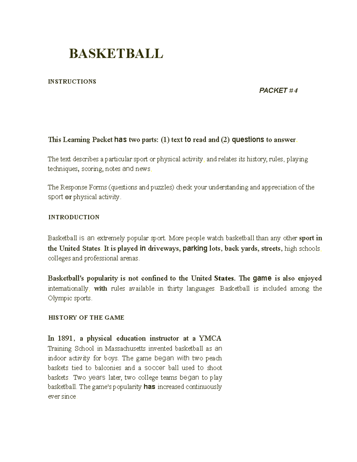 Physical Education Learning Packets: #4 Basketball Overview & Rules ...
