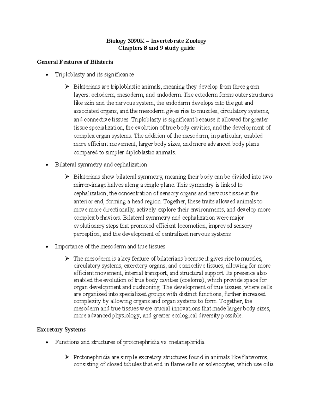 Biology 3090K - Invertebrate Zoology: Study Guide for Chapters 8 & 9 ...
