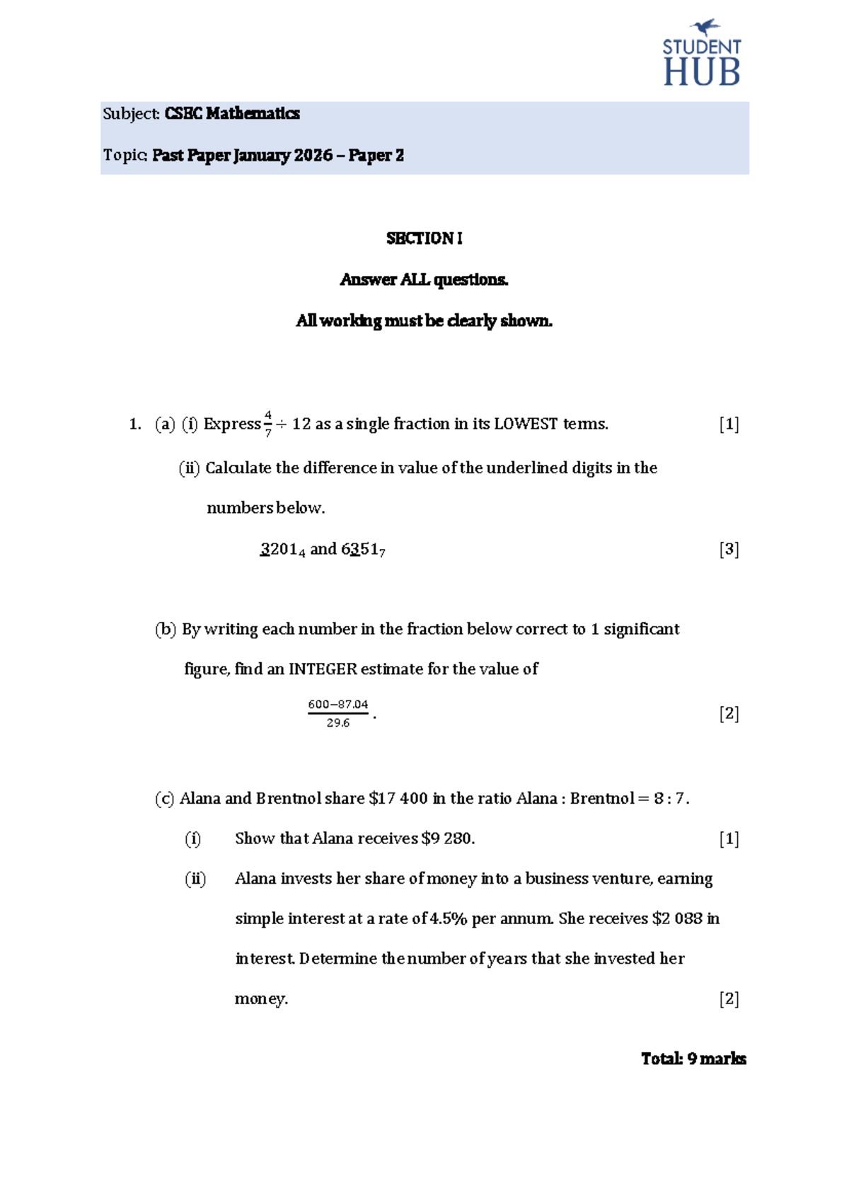 CSEC Mathematics Past Paper January 2026 Paper 2 - Study Guide - Studocu
