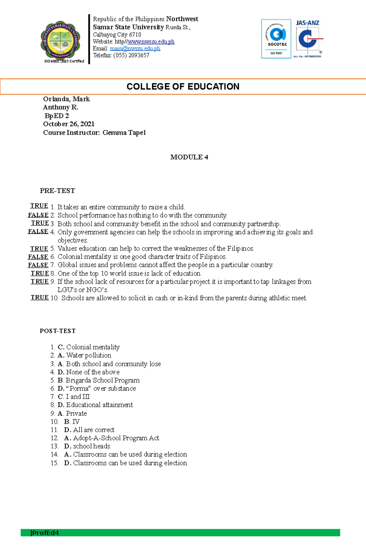 Module 4 Pre-Test & Post-Test Answer Keys in ProfEd Course - Studocu