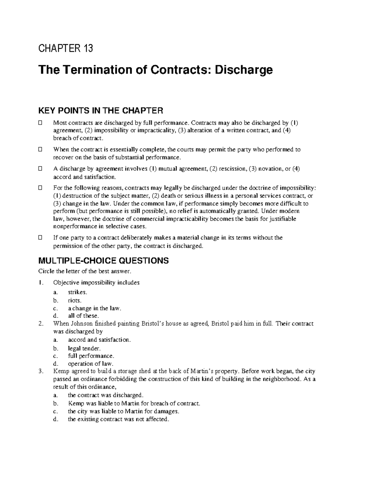 Ch13 Contracts Discharge: Key Points & MCQs on Termination - Studocu