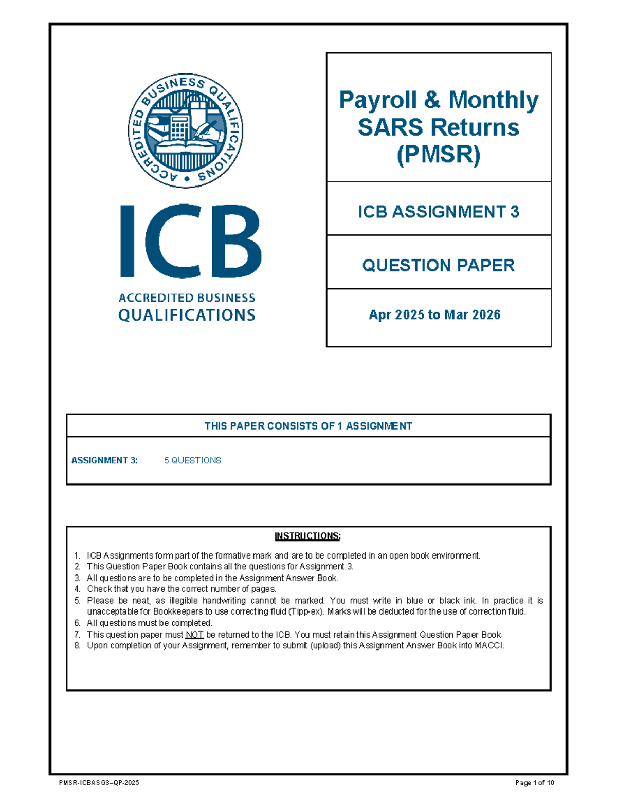 PMSR ICB ASSIGNMENT 3 QUESTION PAPER: Payroll Monthly SARS Returns 2025 ...