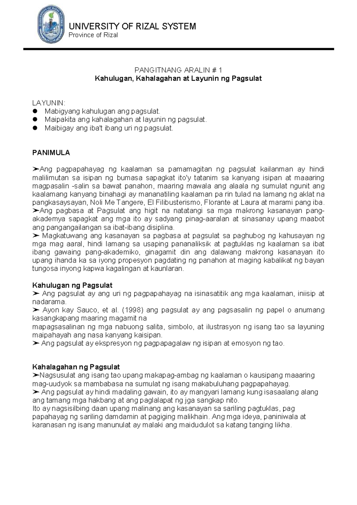 Kahulugan, Kahalagahan at Layunin ng Pagsulat - Province of Rizal ...